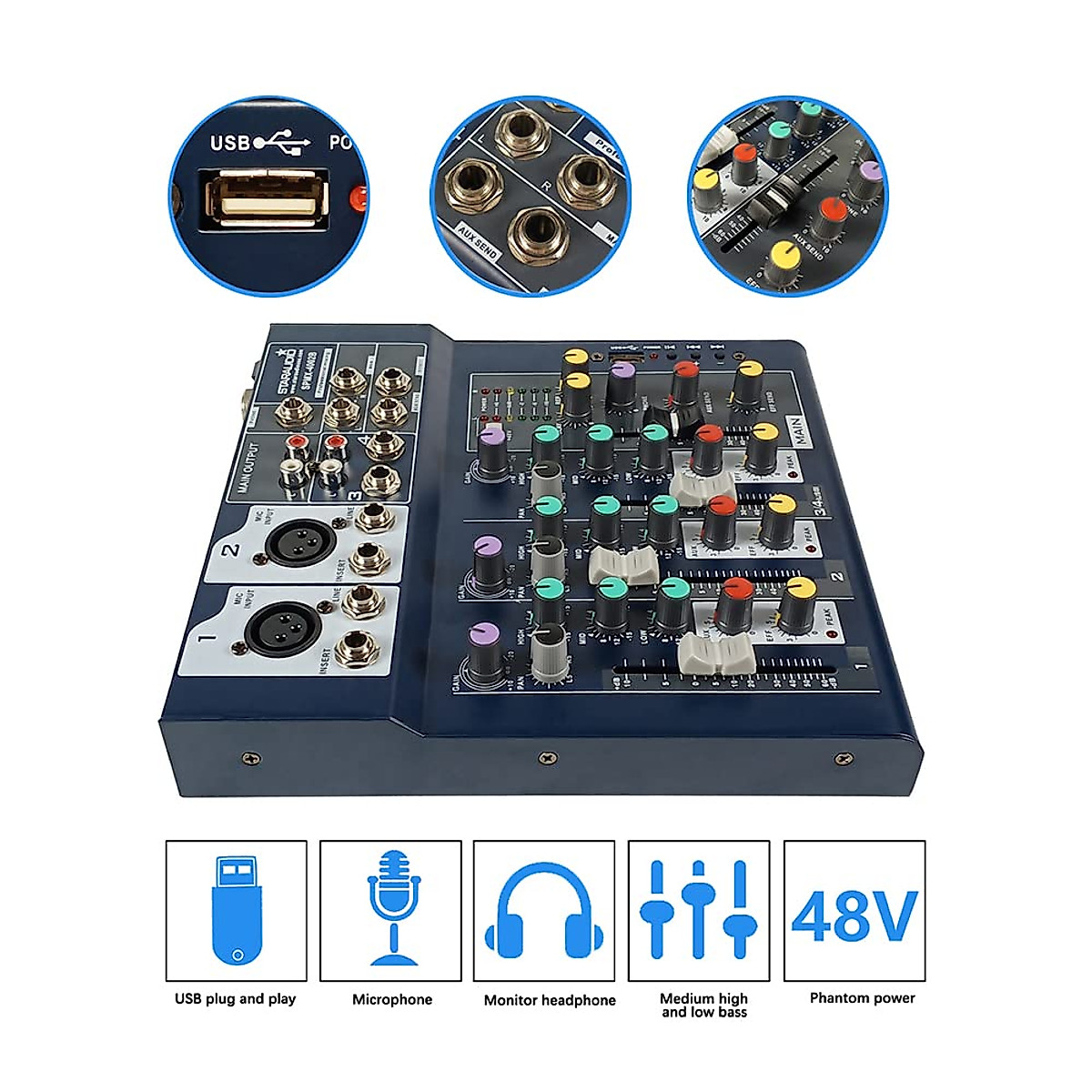 Professional Audio Mixer, STARAUDIO 4-Channel Mixing Console with USB Audio Interface, Stereo Equalizer, 16 DSP Effects, Ideal for Stage, Live Gigs, and Karaoke SPMX4002B