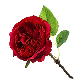 Final Sale-Extra-Realistic & Large Artificial Silk Garden Rose Flowers | Faux Peony Stems | Set of 4 | Red