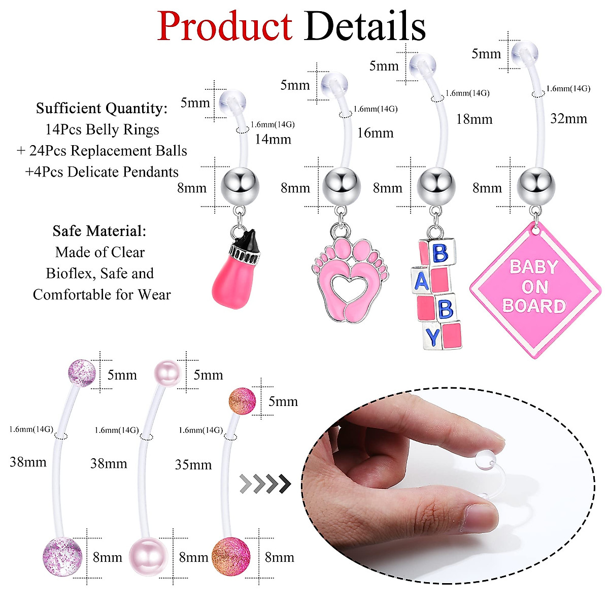Sanfenly Plastic Pregnancy Belly Button Rings Long Bar Navel Rings Flexible Clear Acrylic Bioplast Sport Maternity Belly Navel Ring Retainer Belly Piercing Jewelry 14G 14/16/18/32/35/38mm