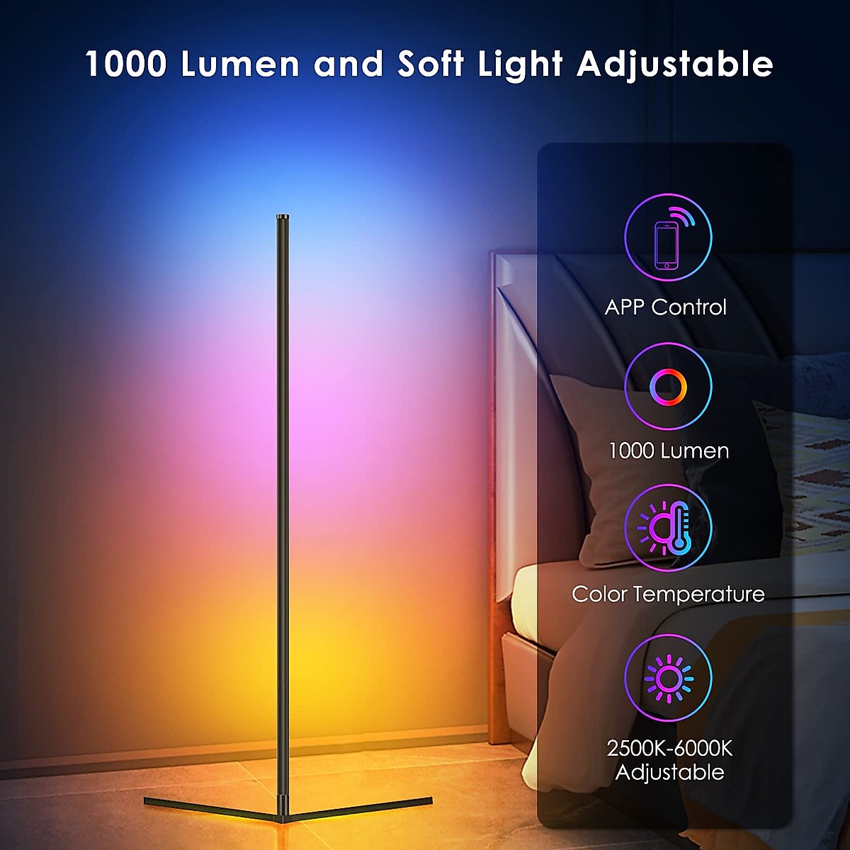 RGB Corner Floor Lamp, Corner Floor Lamp RGB Color Changing Corner Lamp LED Modern Floor Lights with Bluetooth APP and Remote Control Music Sync, 65" RGB Mood Lighting 24H Timing 398+ DIY Modes