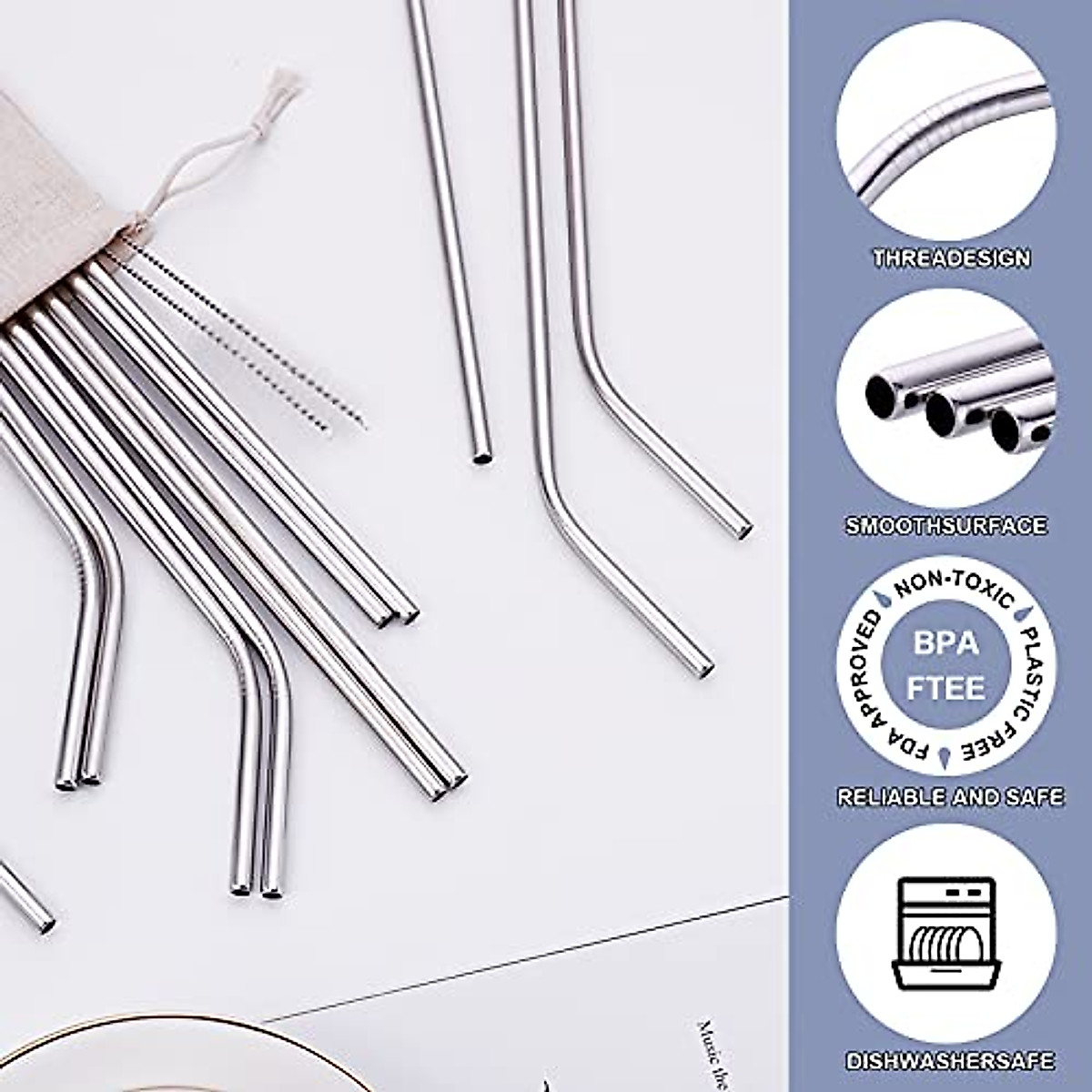 12-Pack Reusable 18/10 Stainless Steel Metal Straws with Silicone Tips & Cleaning Brush, Suotarn Long Drinking Straws for 20 24 30 oz Coffee Tumbler Travel Mug Cup, Dishwasher Safe, Silver