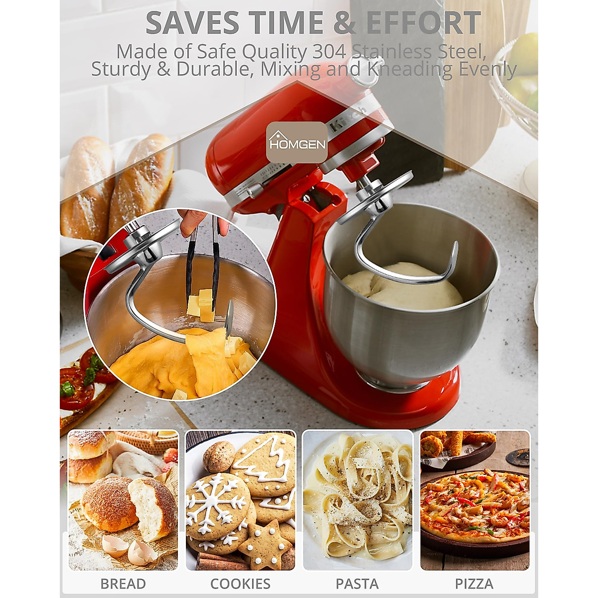 Dough Hook for Kitchenaid Mixer, HOMGEN Original Stainless Steel Spiral Dough Hook Attachment Fit for 4.5-5 QT Bowl Tilt-Head Stand Mixers Rustproof Bread Dough Hook Attachment Support Dishwasher Safe