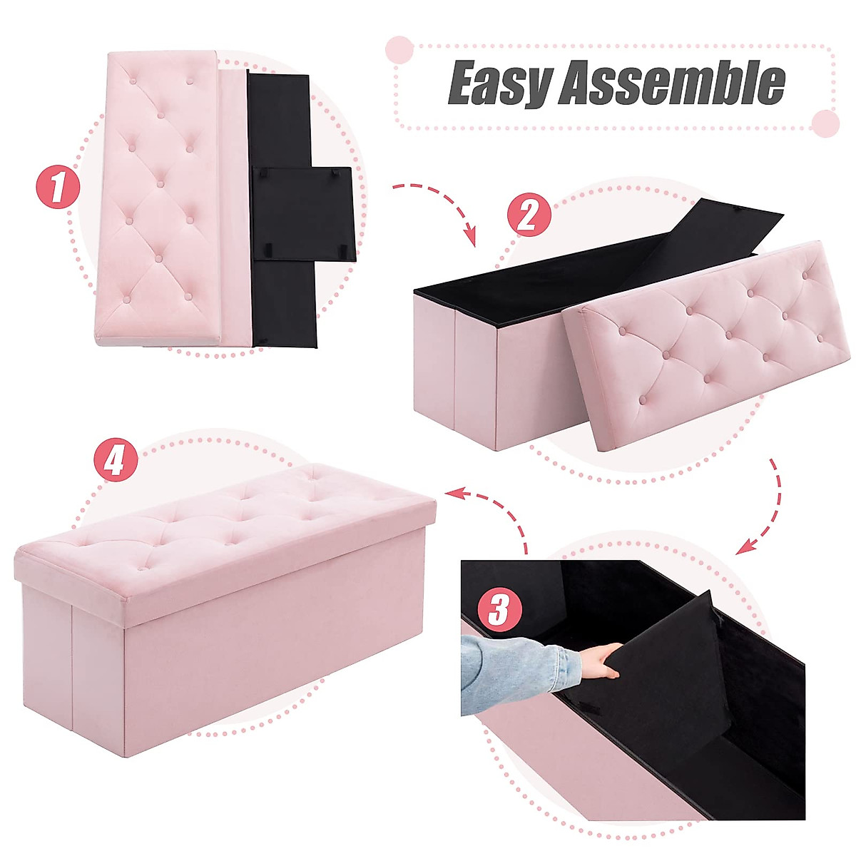 BRIAN & DANY 43 Inches Folding Storage Ottoman Bench, Velvet Ottoman with Storage for Living Room, Long Shoes Bench,Flannelette Footrest Benches Seat (Pink)