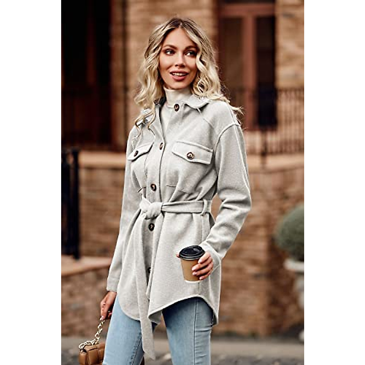 PRETTYGARDEN Women's Fall Fashion Winter Trench Coats Lapel Button Down Peacoat Belted Outerwear Casual Jackets (Grey White,Medium)