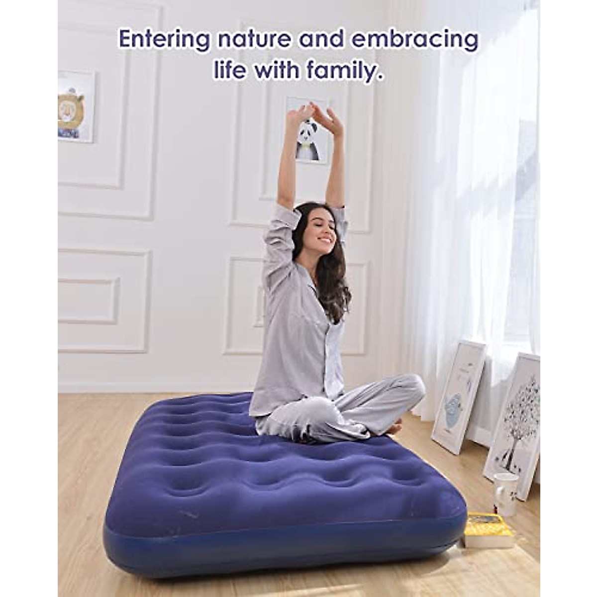 JEAOUIA Twin Size Air Mattress for Inflatable - Portable Blue Blow Up Mattresses with Flocked top - Single Foldable Air Bed for Tent Camping Home Travel Backpacking