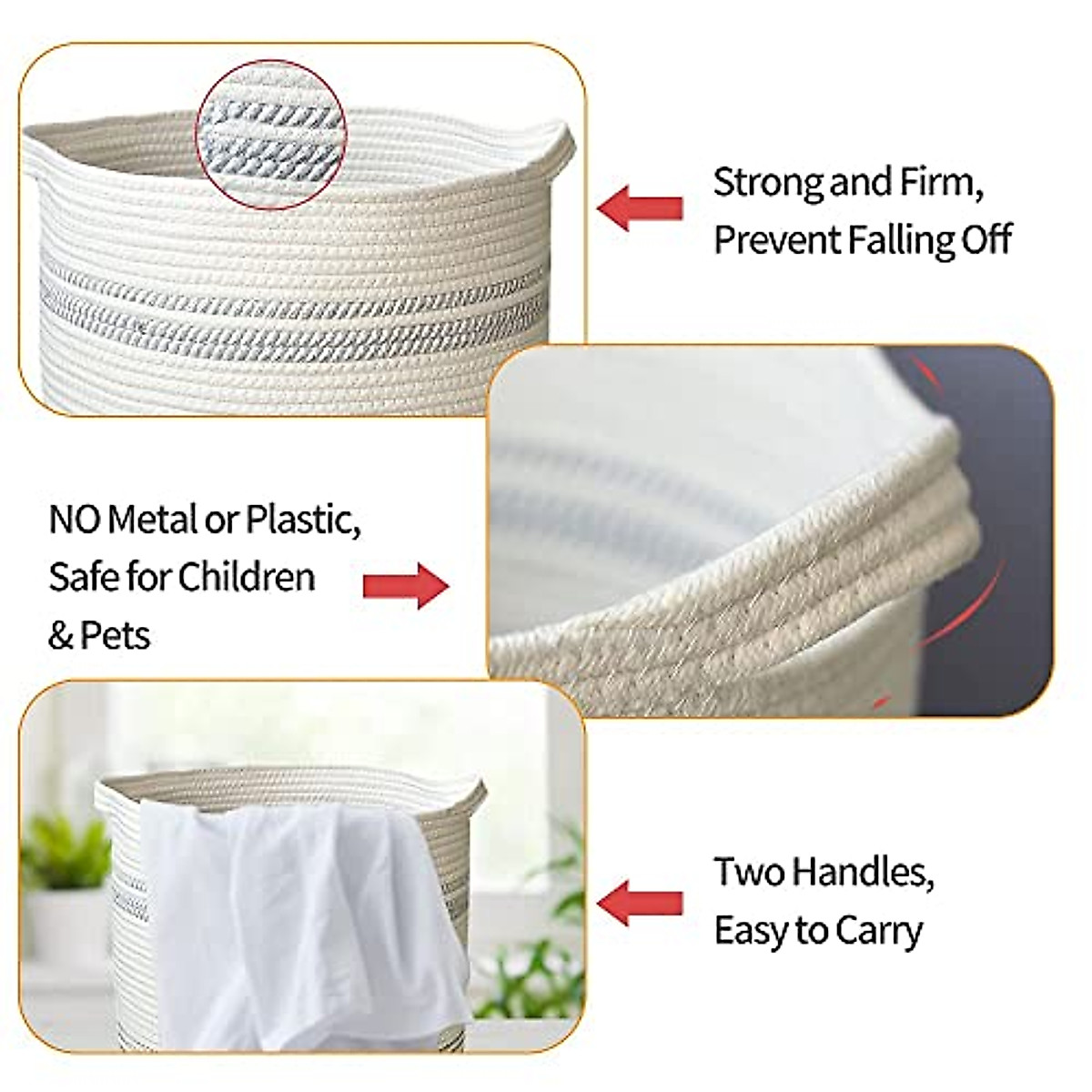 Laundry Baskets-Woven Rope Laundry Hamper with Handles, Tall Laundry Basket for Blanket Storage, for Laundry or Bedroom, Collapsible Laundry Basket Easy Storage 20"×16"-(Black)