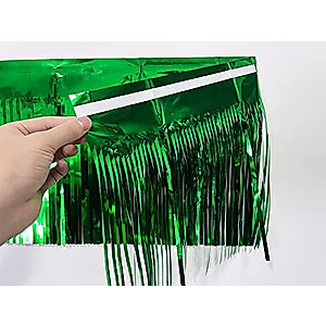 CareCheer 4 Pack 10 Feet Foil Fringe Garland Shiny Metallic Wall Hanging Drapes Tassel Skirting Decorations Supplies for Parade Float Trailer Mardi Gras Party Birthday Wedding (Green)