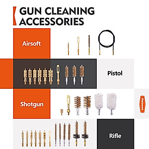 Raiseek Gun Cleaning Kit Rifle Pistol Shotgun Universal Cleaning Kit for 20GA 12GA .45 .40 .357/.380/.38/9MM .338 .325/8mm .30/7.62MM .270 .250 .243 .22 .17 All Calibers (Brass Jags-Orange)