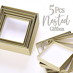 PAPER FAIR 5PCS Bright Gold Glitter Nesting Gift Boxes Set, Flat Square Cardboard Storage Organizer Keepsake Box with Lid Durable Reusable, for Gift Wrapping Holiday Present Christmas Birthday, Assorted Size
