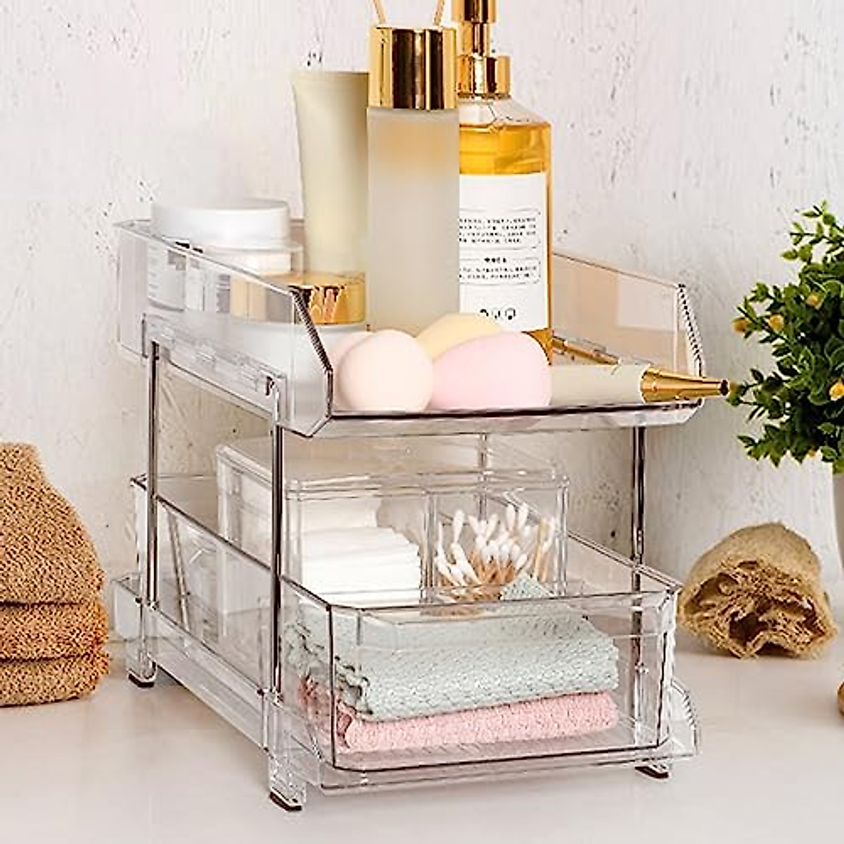 Frogued Desktop Rack 2 Tier Clear Organizer with Dividers, Multi-Purpose Slide-Out Storage Container for Bathroom and Kitchen Counter, Medicine Cabinet Storage Bins, Under Sink Closet Organization Cl