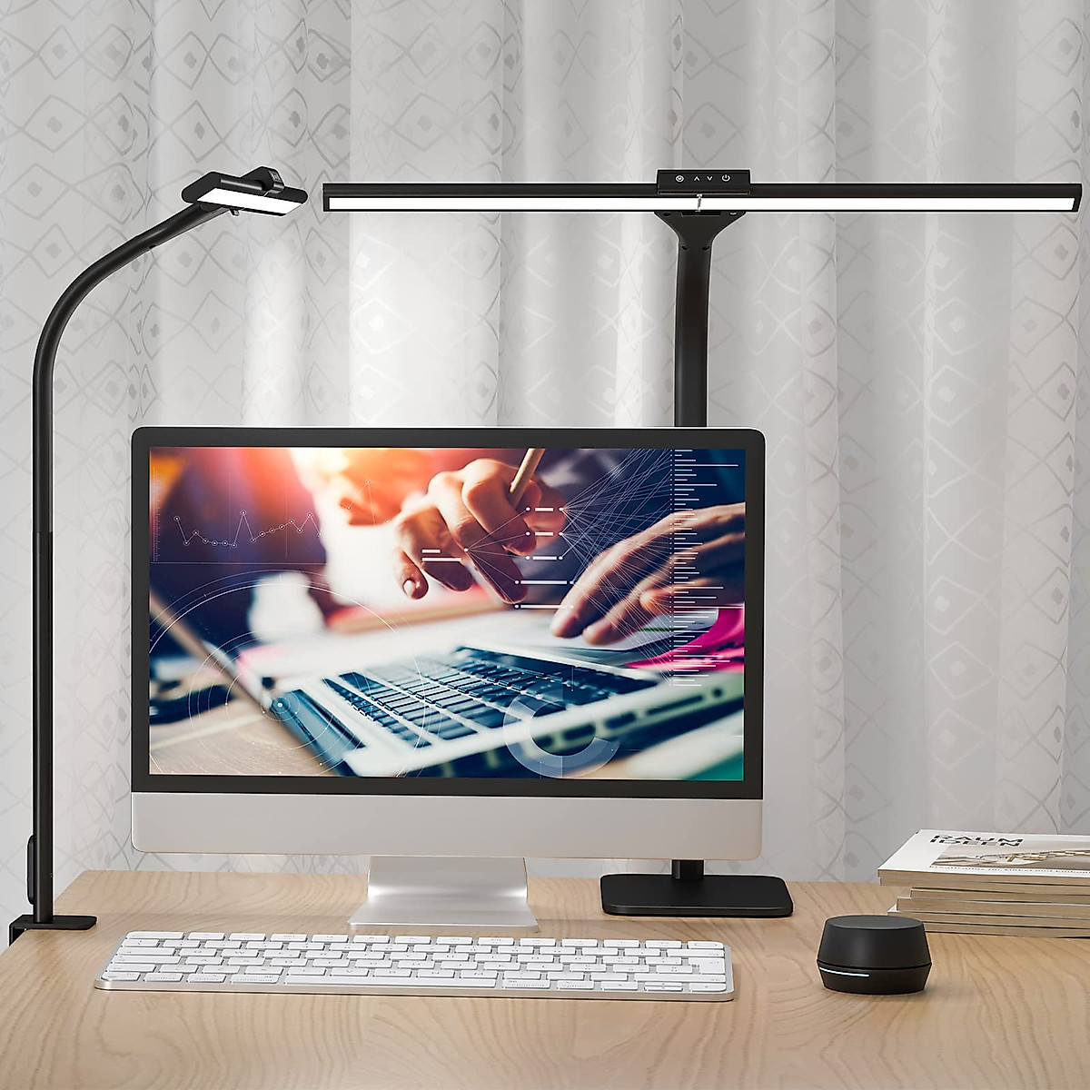HAMOPY Desk Light, 24W Architect Desk Lamp with USB Charging Port, 2-in-1 Clamp Lamp & Desk Lamp for Home Office, Desk Light with Flexible Gooseneck, 5 Colors & 7 Brightness, Remote Control, Timer