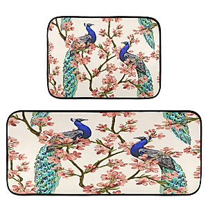 Peacock Flower Tree Kitchen Mat Set 2PCS, Super Absorbent Kitchen Rugs and Mats Non Slip Easy Clean Carpets Rugs for Kitchen Floor Sink Laundry Runner Area Rug Carpet