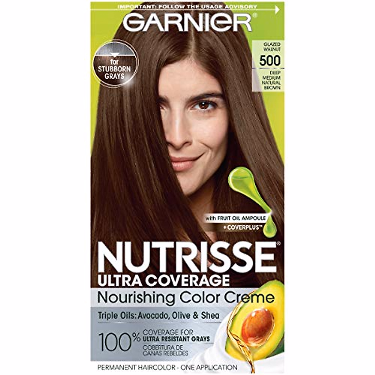 Garnier Hair Color Nutrisse Ultra Coverage Nourishing Creme, 500 Deep Medium Natural Brown (Glazed Walnut) Permanent Hair Dye, 1 Count (Packaging May Vary)