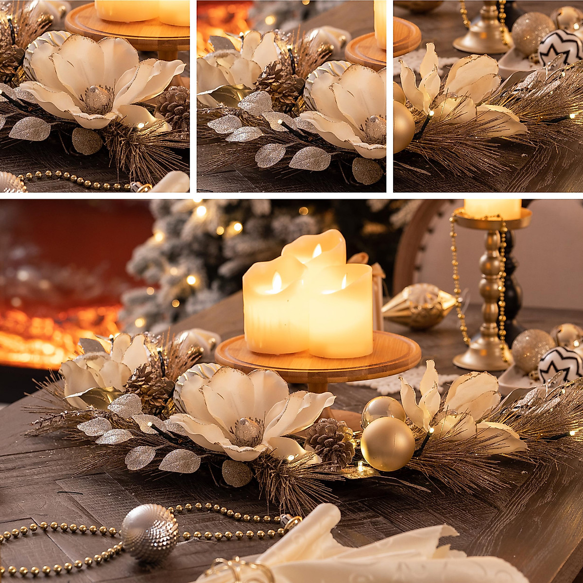 Valery Madelyn Pre-Lit Christmas Swag Outdoor, 24 Inch Mailbox Christmas Decorations Swag Teardrop for Front Door Stairs Railing Window Xmas Decor with 20 LED Lights Champagne Gold Ball Ornament