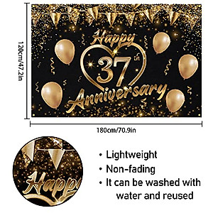 Happy 37th Anniversary Backdrop Banner Decor Black Gold – Glitter Love Heart Happy 37 Years Wedding Anniversary Party Theme Decorations for Women Men Supplies, 3.9 x 5.9 ft