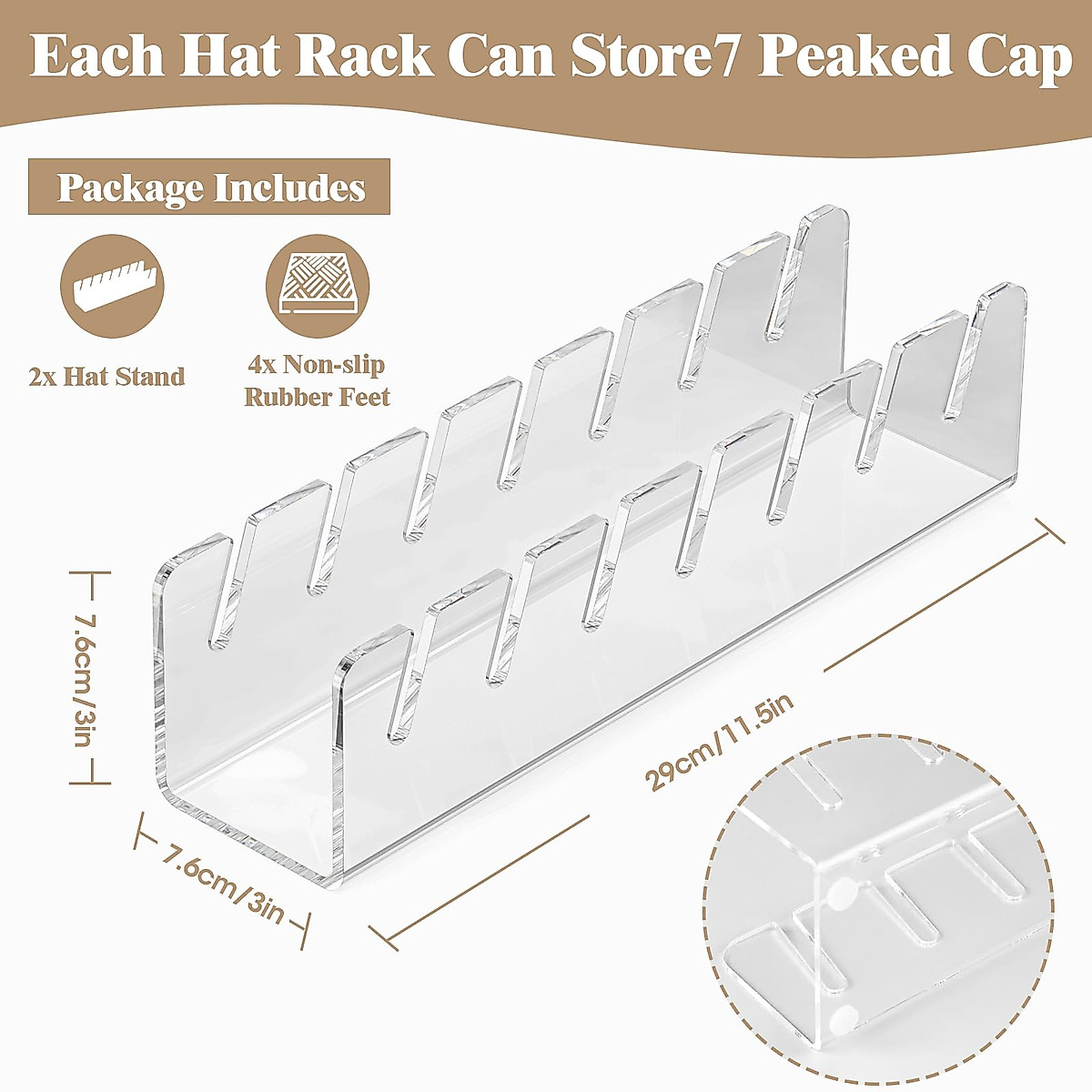 Esnendir Hat Stand For Baseball Caps -Acrylic Hat Organizer, No Install Large Capacity Hat Holder For 14 Baseball Caps For Bedroom, Closet, Dresser 2 Pack (Clear)