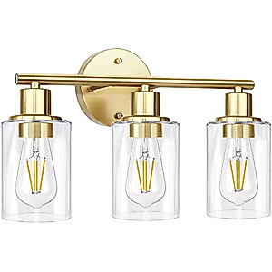 3-Light Gold Bathroom Light Fixtures, Modern Bathroom Vanity Light with Clear Glass Shade, Brushed Gold Bath Wall Mount Lights, Wall Lamp for Mirror Kitchen Bedroom Hallway Living Room Hallway