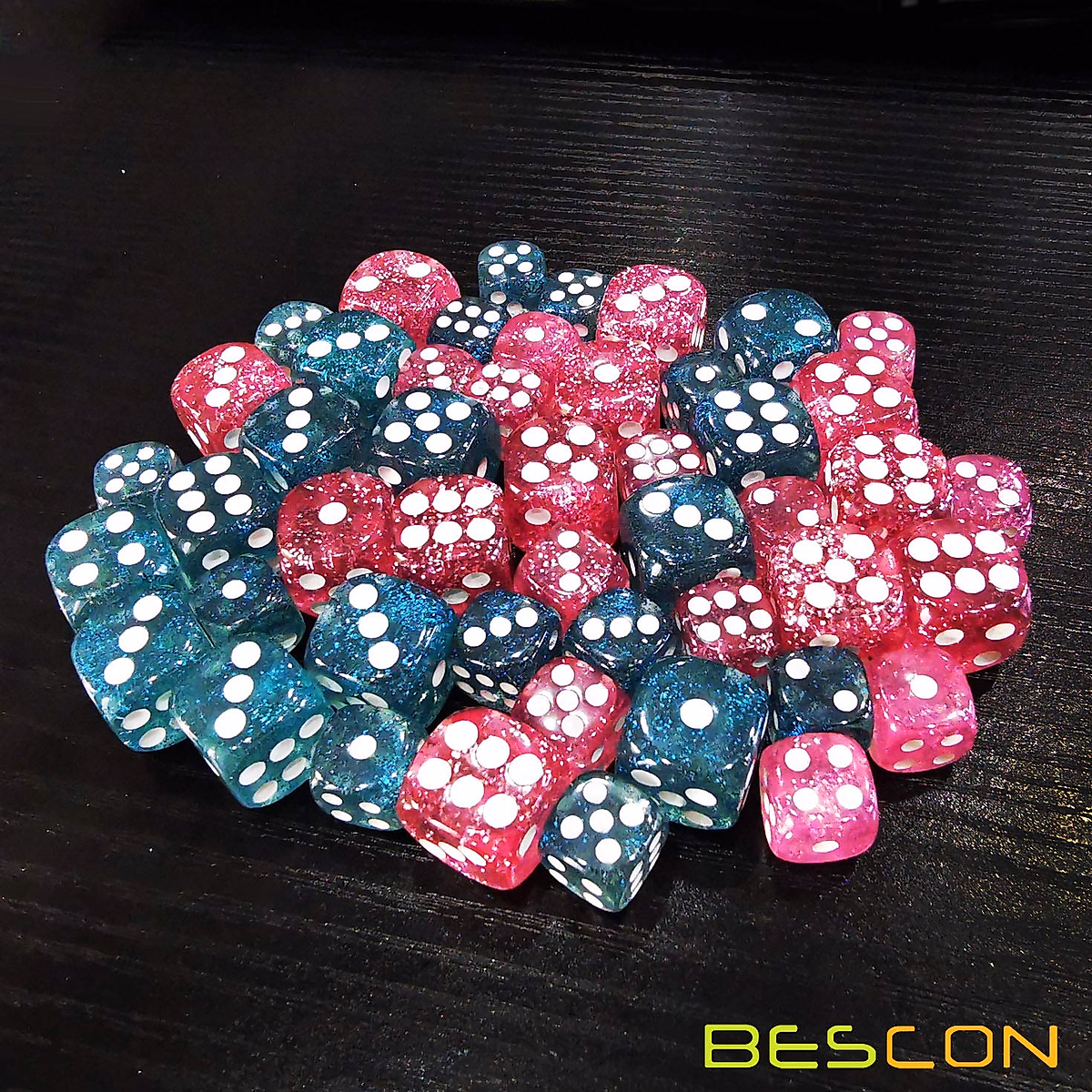 Bescon Ethereal Glitter Dice D6 16MM&12MM 48pcs Set, Game Dice Glitter Rose and Teal in 12MM&16MM Each 12pcs