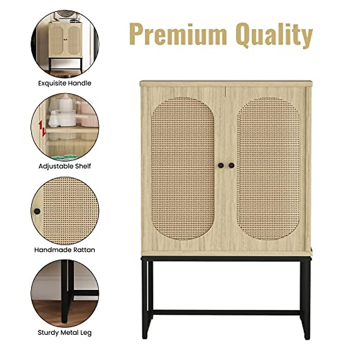 Lamerge Natural Rattan Cabinet Set of 2,Sideboard Buffet Cupboard Accent Cabinet with 2 Door,Adjustable Shelves,Free Standing Bookmatch,High Cabinet,RusticOak Beige