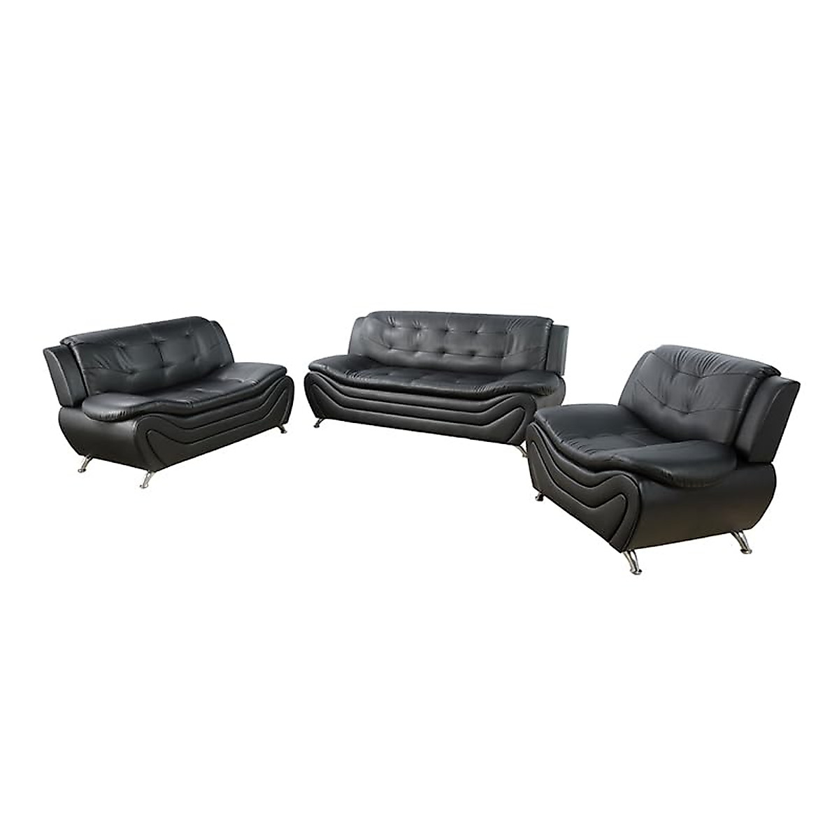 EZLUX Modern 3-Piece Faux Leather Sofa Set Living Room Furniture, with Sturdy Leg Support, Including Three-Seater Couch, Loveseat and Single Chair, Black