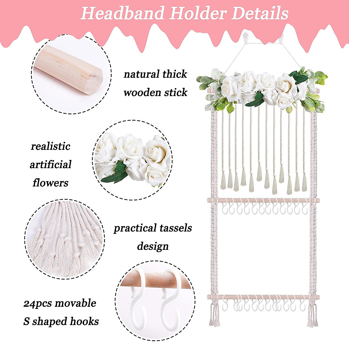 mligril Headband Holder for Girls Hair Bows, Baby Headbands Organizer Storage Hair Clips Hanger Storage Flower Boho Wall Hanging Decor for Nursery Room