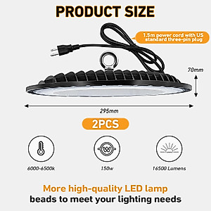 Retisee 2 Pieces 150W UFO LED High Bay Light, 120V Waterproof Commercial Bay Lighting, 6000-6500K Daylight 16500LM with Power Cord, Hanging Shop Light Fixtures for Workshop Garage Factory Warehouse