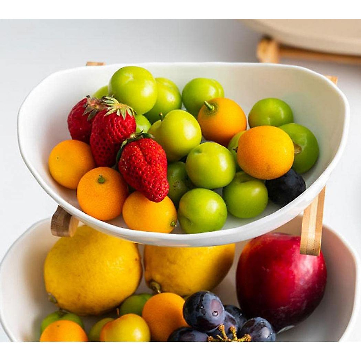 XUDREZ 3 Tier Fruit Basket for Kitchen Counter, 11"*8.6"*13" Ceramic Fruit Bowl for Kitchen Counter, Large Capacity Fruit Bowl Set with Holder, Bamboo Fruit Serving Tray (Porcelain)