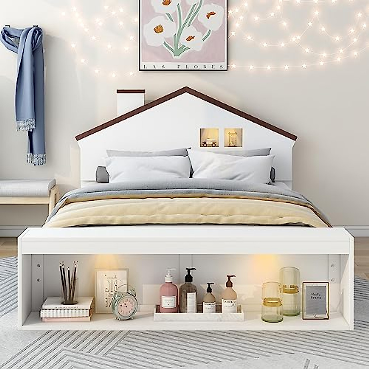 FIQHOME Full Size House Platform Bed,Wooden Kids Full Platform Bed Frame with LED Lights and Storage, Cute Single Full Led Bed for Girls Boys,No Box Spring Needed,White
