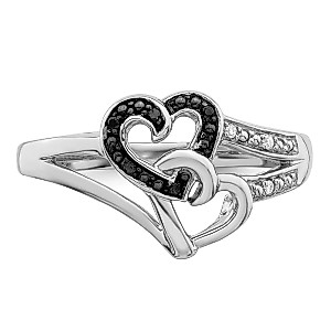 925 Sterling Silver Black White Diamond Heart Love Ring size 7
