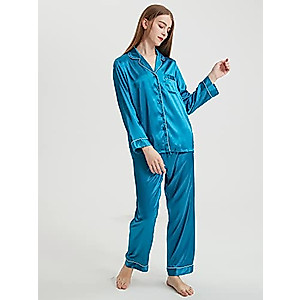 Honypove Silk Pajamas for Women Long Sleeve Satin Womens Pajama Sets Two-piece Button-Down Sleepwear Pjs (Small, Green)