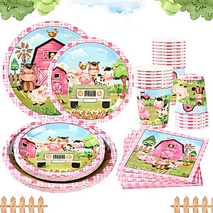 Pink Watercolor Farm Birthday Party Supplies Plates Set for 24 Guests,96 Pieces Cute Pink Animal Baby Shower Plates Napkins Cups Tableware for Barnyard Farm Animals Themed Party Decorations for Girl