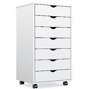 Sweetcrispy 7 Drawer Chest - Storage Cabinets Dressers Wood Dresser Cabinet with Wheels Mobile Organizer Drawers for Office, Bedroom, Home, White