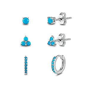 Turquoise Stud Hoop Earring Set: 3 Pairs Earring Set Silver Huggie Hoop & Triangle Round Shape Small Stud - Simple Hypoallergenic Ear Jewelry Trendy Gemstone Gift for Women (A-Silver)