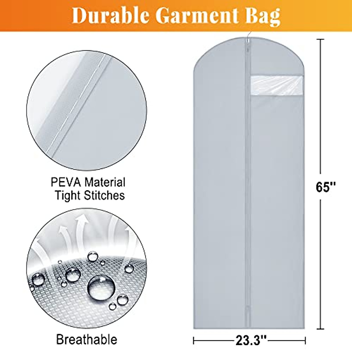 MecTo Garment Bags Set of 2, Dust-Proof Garment Bags for Hanging Clothes, Suit Bag for Storage and Travel with Clear Window, Breathable Dress Bags for Gowns Suits Coats (Grey, 23.3 x 65 Inch)