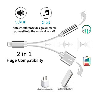 Headphone Adapter for iPhone [Apple MFi Certified], 2 in 1 Lightning to 3.5mm AUX Audio + Charger Splitter Adapter Dongle for iPhone Accessories Compatible with iPhone 14/13/12/11/XS/XR/X/8/7