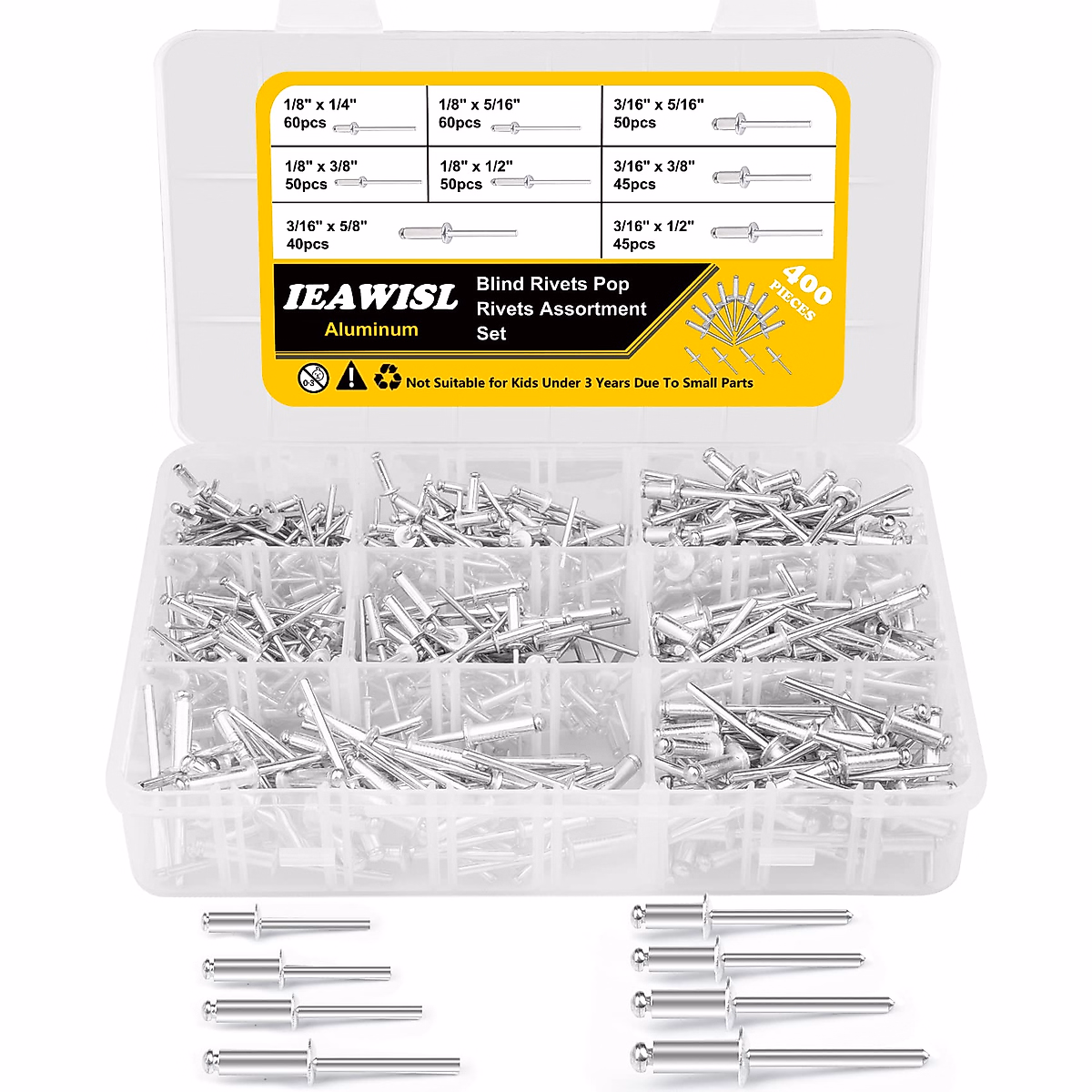 400PCS Silver Pop Rivets Assortment Kit, 8 SAE Sizes Aluminum Rivets (1/8" 3/16") with Reinforced Divider & Labeled Case for Storage