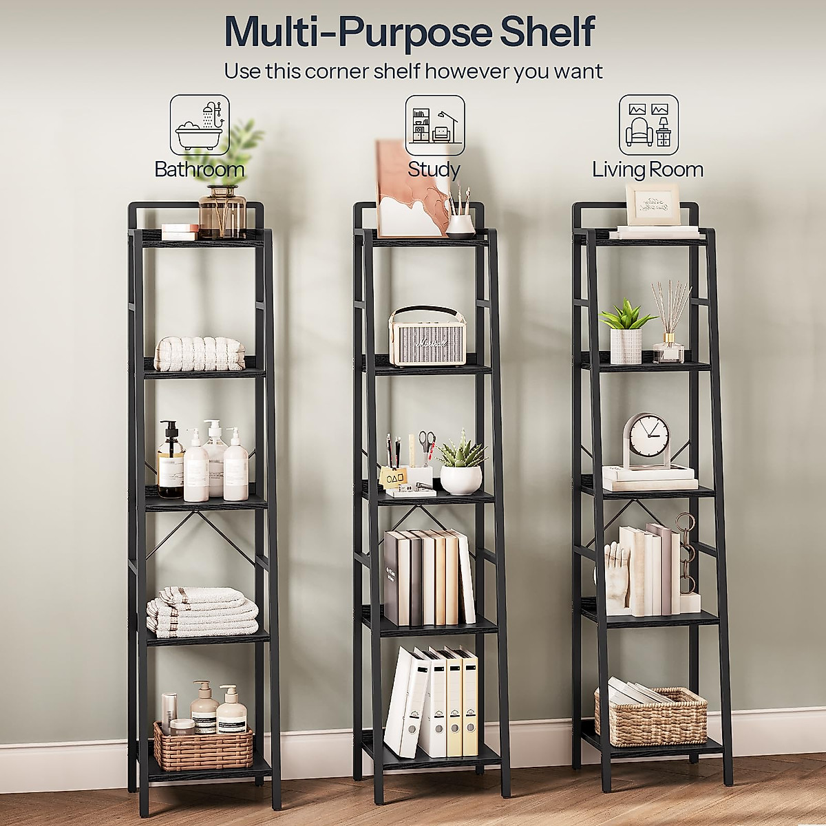 HOOBRO 5-Tier Ladder Shelf, Narrow Bookshelf, Industrial Bookcase, Skinny Bookshelf for Small Spaces, Corner Storage Shelf for Home Office, Living Room, Black BB35SJ01