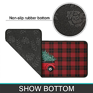 Fuoxowk Christmas Tree Truck Kitchen Mat and Rug Set-Buffalo Plaid Kitchen Rugs and Mats Non Skid Washable,Floor Cushion Waterproof Rug,Rubber Backed Area Rugs for Kitchen Sink,Indoor Floor,Red