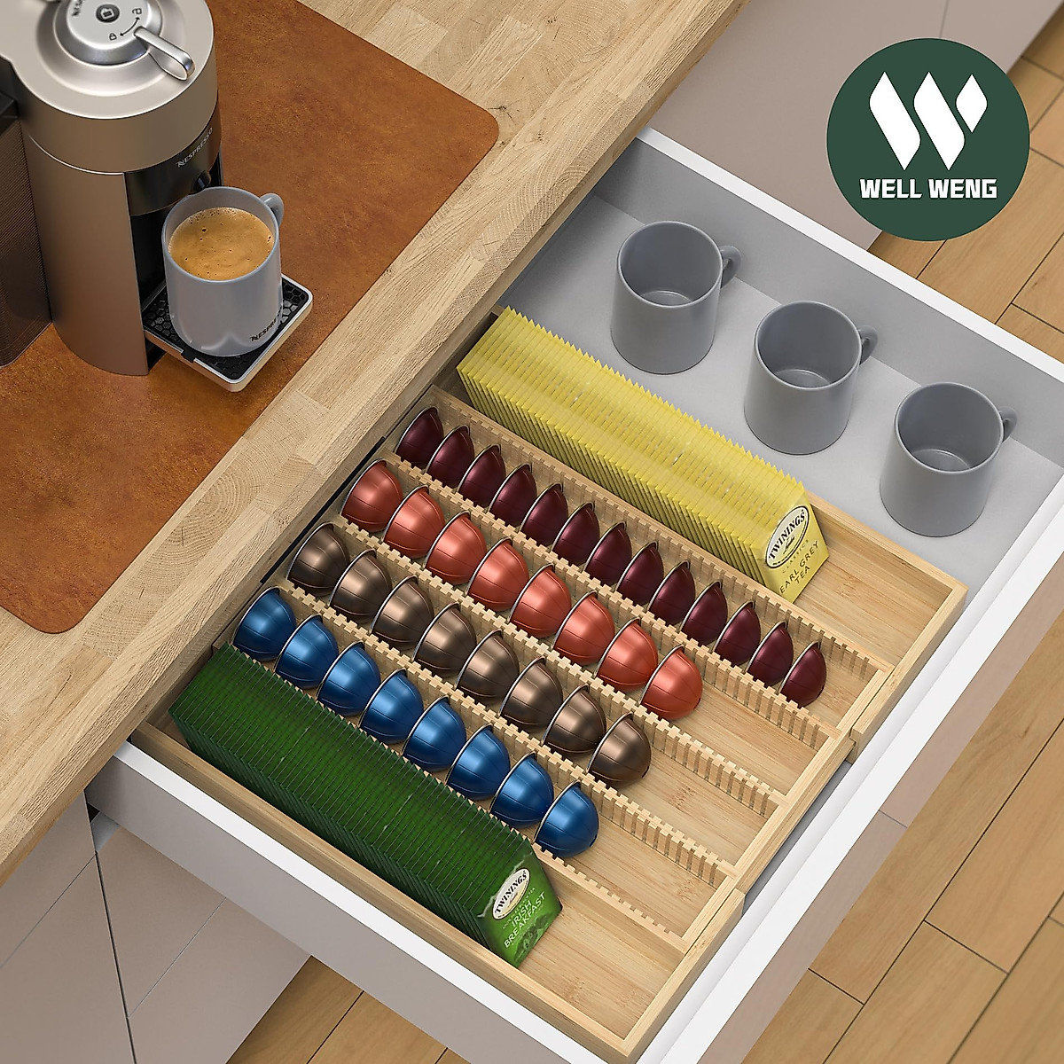 WELL WENG Larger Expandable Bamboo Organizer Holder for Counter Drawer Insert - Compatible with Nespresso Vertuo Capsules - Tea Bags Storage (Natural)