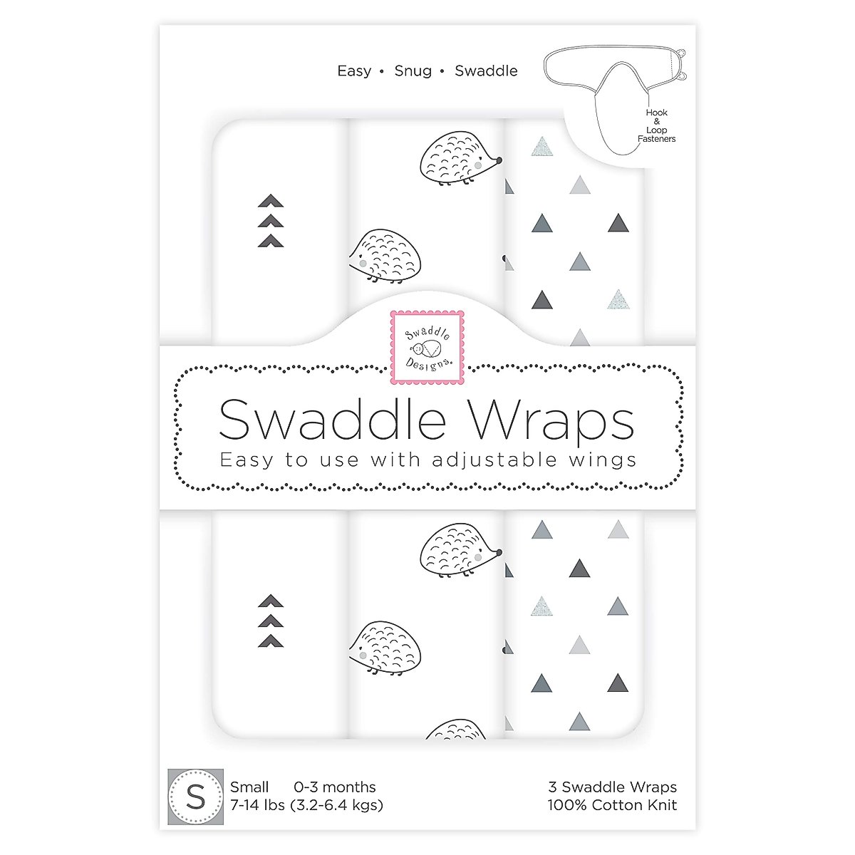 SwaddleDesigns Swaddle Blanket with Adjustable Wrap, Set of 3, Tiny Hedgehog, Black