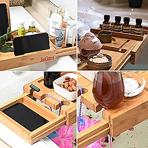 JinGarss Bamboo Bathtub Tray Caddy Bath Tub Tray Bridge Shower Shelves Organizer Tray 20-37 inch Expandable Rack Laptop Tray Caddy Bath Table with Wineglass Holder