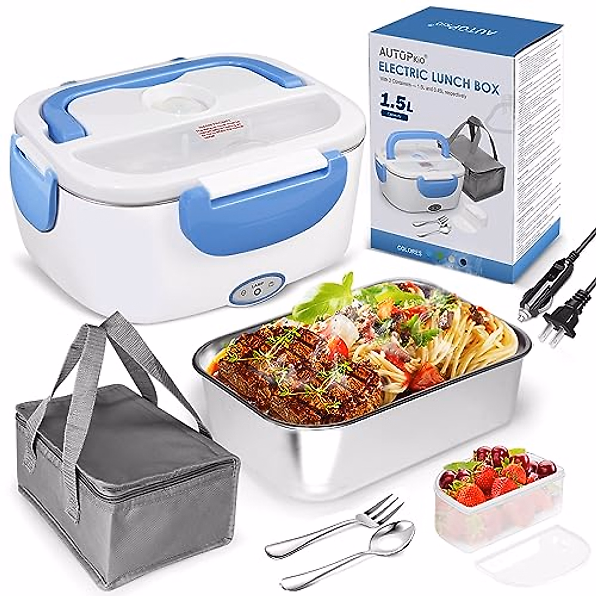 AUTOPkio Electric Heating Lunch Box, 12V 24V 110V 3 in 1 Portable Food Heater with 1.5L Removable Stainless Steel Container, Carry Bag for Car Truck Work (Blue)