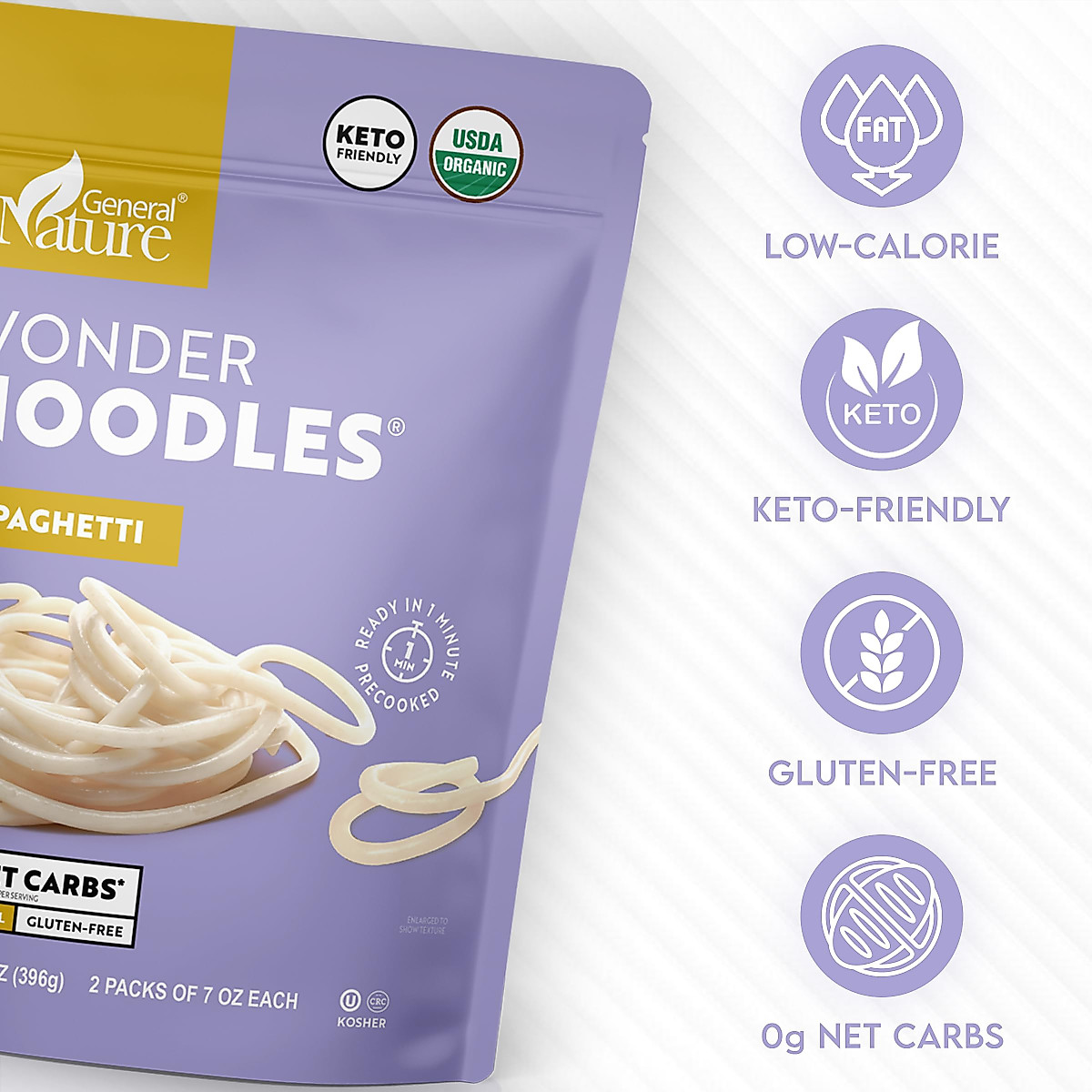 Wonder Noodles Keto Pasta - Spaghetti - Zero Carbs, Gluten-Free, Kosher, Vegan, Low-Calorie -Organic Konjac Noodles - (6 Individually Sealed Packs of 7oz each)