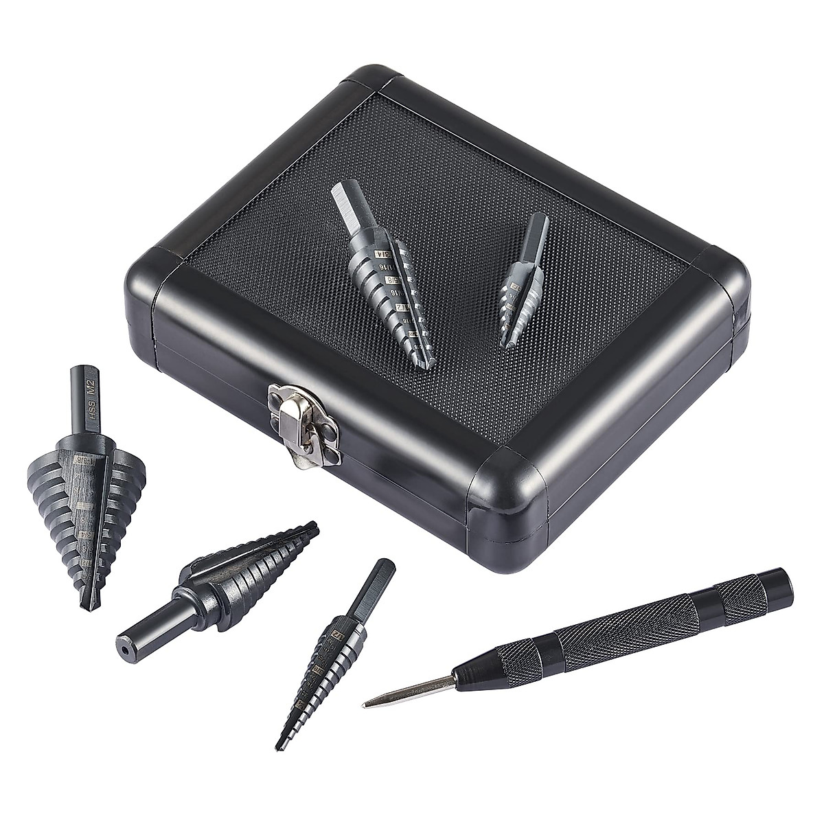 Anfrere 5PCS M2 Step Bits Set, 50 Sizes M2 HSS Step Drill Bits, 1/8"-1-3/8" Unibit Drill Bits Set for Sheet Steel Metal with Storage Case, Multiple Hole Stepped Up Bits Home Tools, 1016