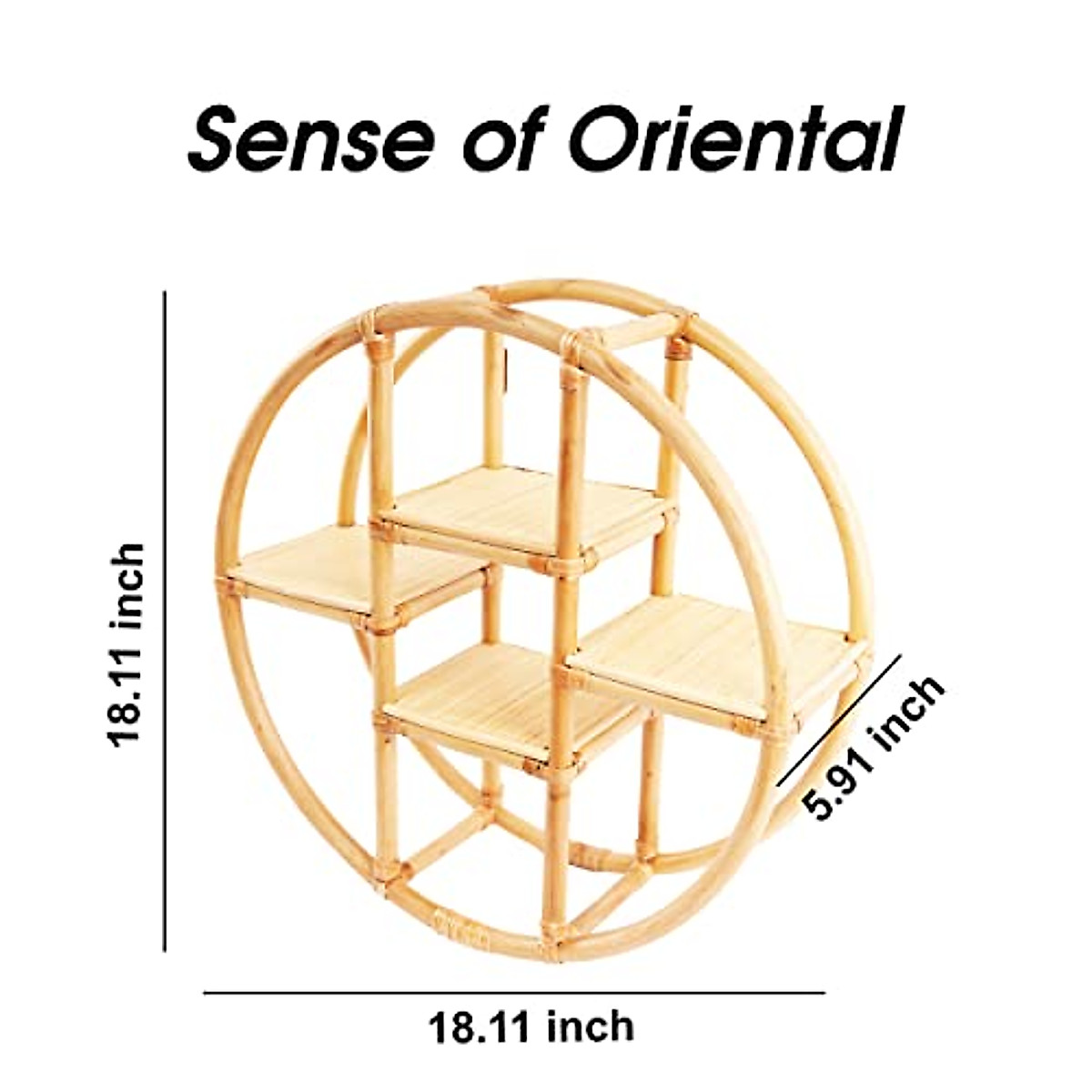T'Furni Rattan Round and Square Striped Wall Shelf for Living Room Kitchen Wall Decor - Natural Rattan Floating Shelves - Natural Hanging Book - Wall Shelves with Storage