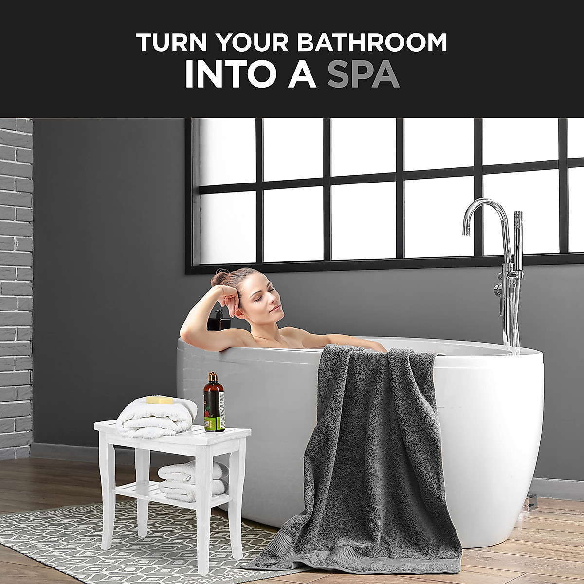 Bamboo Shower Bench Spa Stool - Wood 2-Tier Seat, Foot Rest Shaving Stool with Non-Slip Feet + Storage Shelf - Seat or Organizer for Bathroom, Living Room, Bedroom and Garden Décor (White)