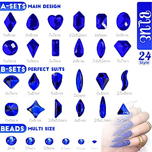 4 Boxes Blue Nail Rhinestones Glitters Kit, 24 Shapes K9 Glass Royal Blue Gems Flatback Round Gems Stones Diamonds Crystals Sapphire Nail Art Supplies Nail Charms for Acrylic Nails Faces Body Crafts