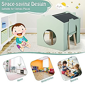 Costzon Kids Table and Chair Set, 3 Pieces Wooden Table Set for Toddler w/Chalkboards for Arts, Crafts, Reading, Drawing, House-Shaped Space-Saving Children Furniture Set, Gift for Boys Girls, Green