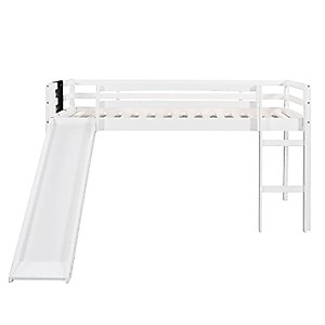 HBRR Twin Loft Bed with Slide for Kids Teens, Wood Loft Bed Frame w/Ladder, Guardrail and Chalkboard, Space-Saving, No Box Spring Needed, White