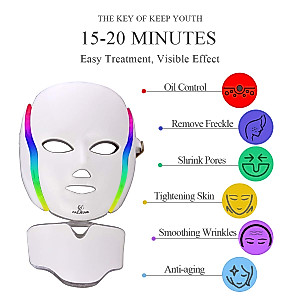 FAZJEUNE 7 Color LED Mask, Facial Mask LED 7 Color Face Skin Care Mask Portable SPA Facial LED Mask with Neck, White